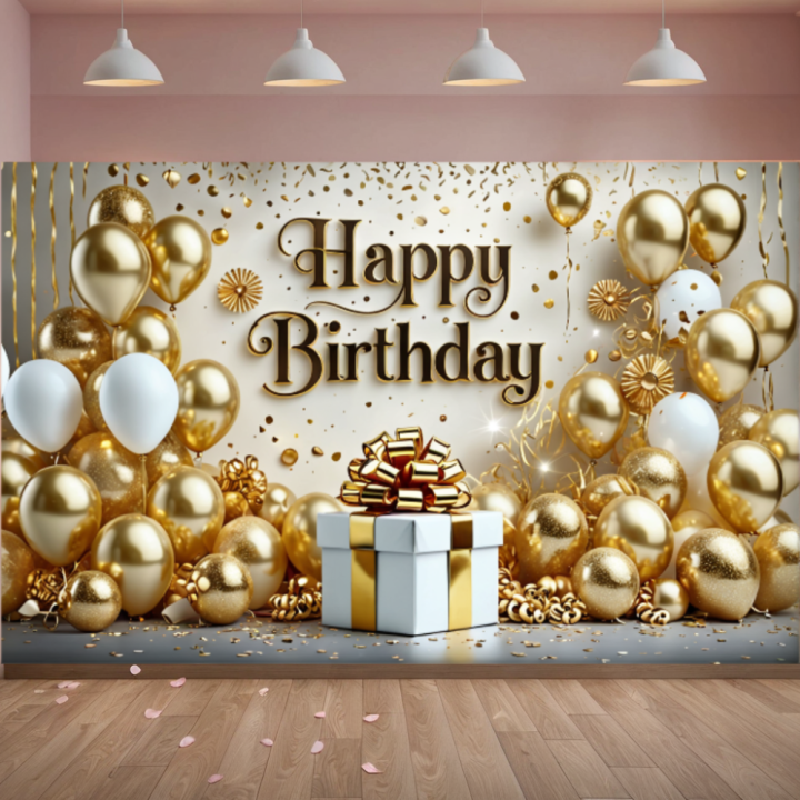 Golden Birthday Background Festive Pink Banner Balloon Banner Sparkling ...