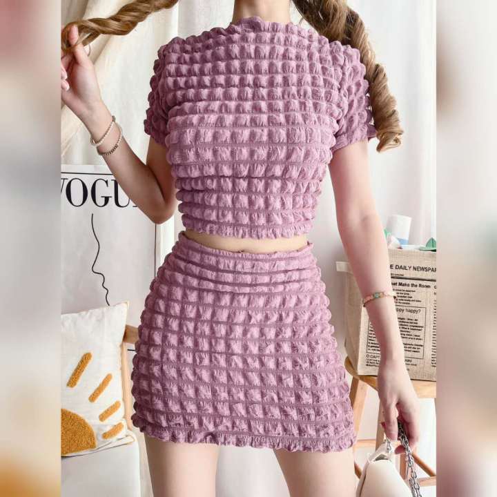 Crop Top Terno Coordinate Skirt Bubble Box New Trend | Lazada PH