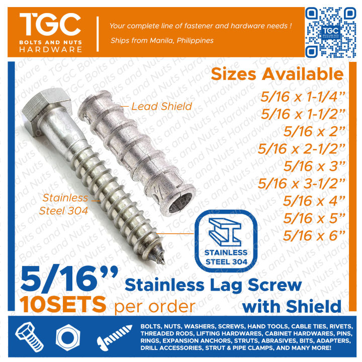 TGC 10PCS 5/16 x 1 1/4~4in. STAINLESS Lag Screw with Expansion Shield ... TGC 10PCS 5/16 x 1 1/4~4in. STAINLESS Lag Screw with Expansion Shield ...