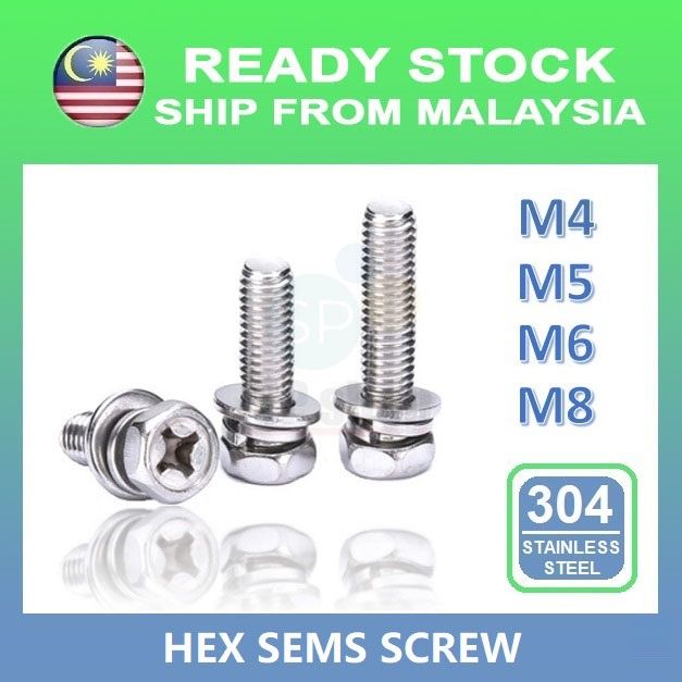 M4 M5 M6 M8 Cross Recessed Phillips Hex Head Sems Screw Stainless Steel | Lazada