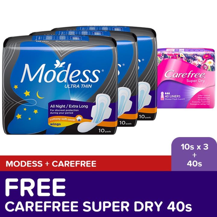 Modess Ultra Thin All Night Sanitary Napkins 10s x 3 + FREE Carefree ...