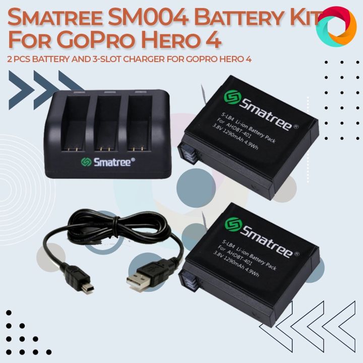 Smatree SM-004 Battery for GoPro Hero 4 3 Channel Charger Kit with 2 ...