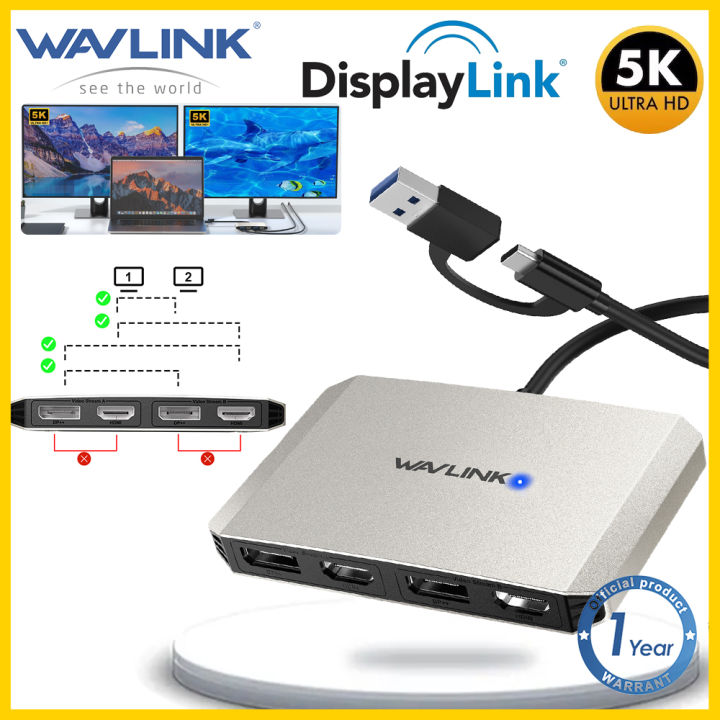 Wavlink USB 3.0 Dual 5K Monitor Hub USB A/C to DisplayPort and HDMI Adapter Compatible ...