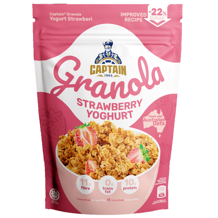 Captain Oats Strawberry Yoghurt Granola 220g. กัปตัน โอ๊ต กราโนล่า ซีเรียล อาหารเช้า รสสตอวเบอร ...
