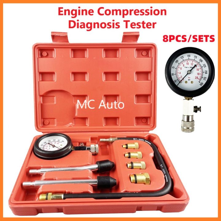 Engine Cylinder Compression Tester Kit Gauge Set Tool 8pcs Automotive ...