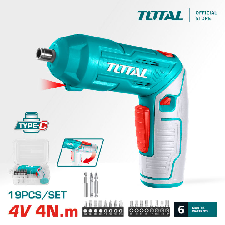 TOTAL Li-ion Cordless Screwdriver (1/4"/4V) With LED Work Light & Adjustable Handle ...