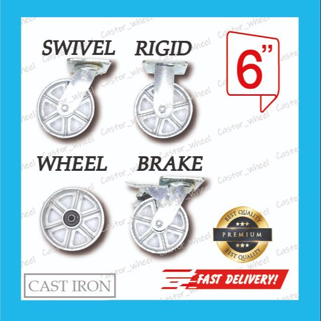 6'' (150mm) EXTRA HEAVY DUTY CAST IRON SWIVEL/RIGID/BRAKE CASTOR/CASTER ...