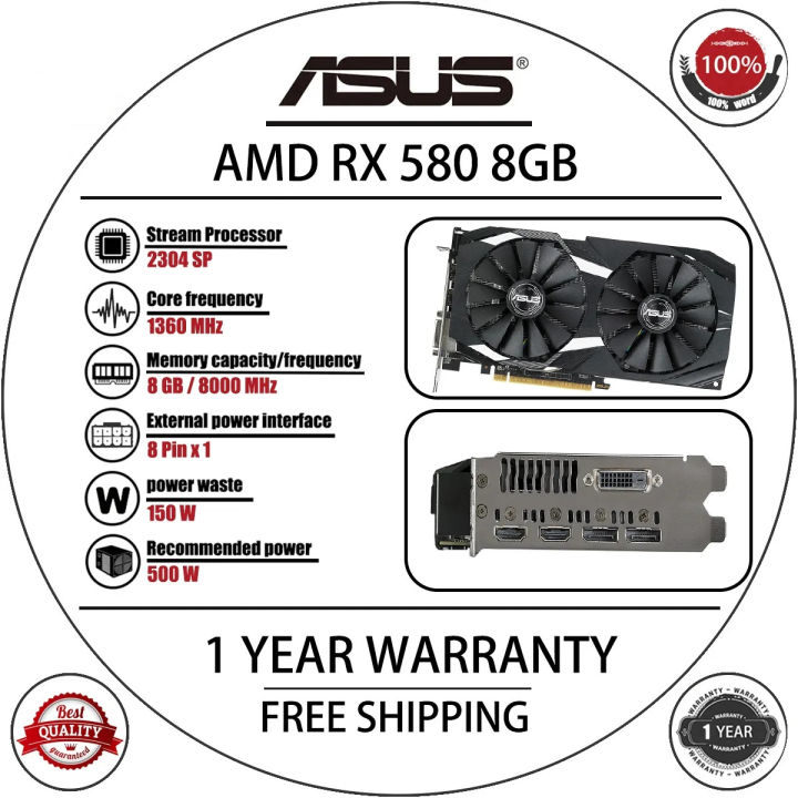 USED ASUS RX 580 8GB 2304SP Graphics Cards GDDR5 256bit Gaming Video ...