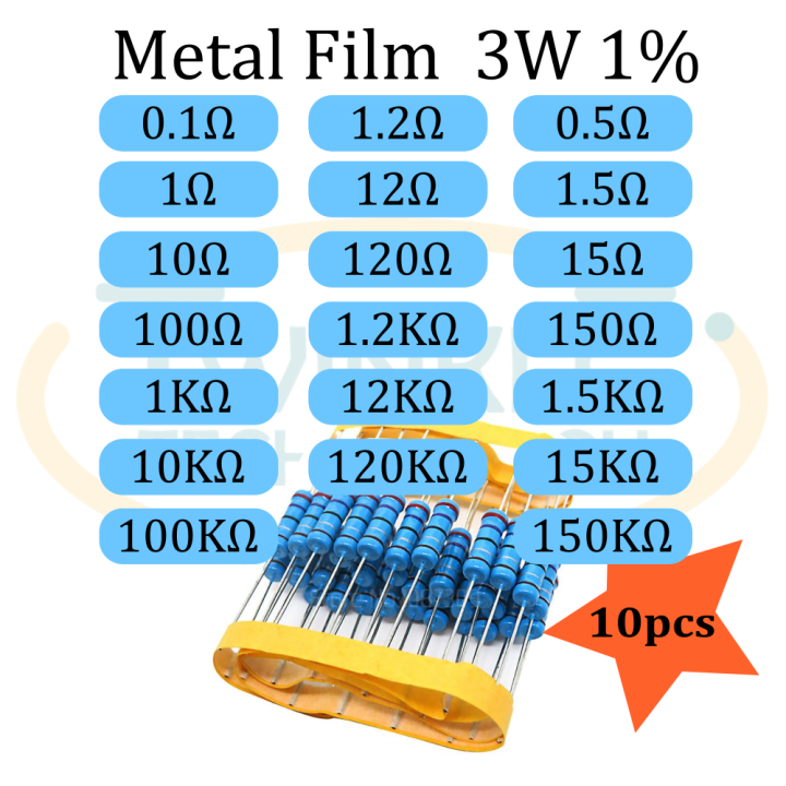 Resistor 3W Metal Film 0.1, 0.5, 1, 1.5, 10, 15, 100 ohm, 150, 1.5K ...