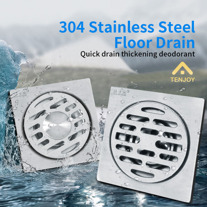 TENJOY Bathroom Floor Drain Stainless Steel 4x4 inch Backflow Preventer ...