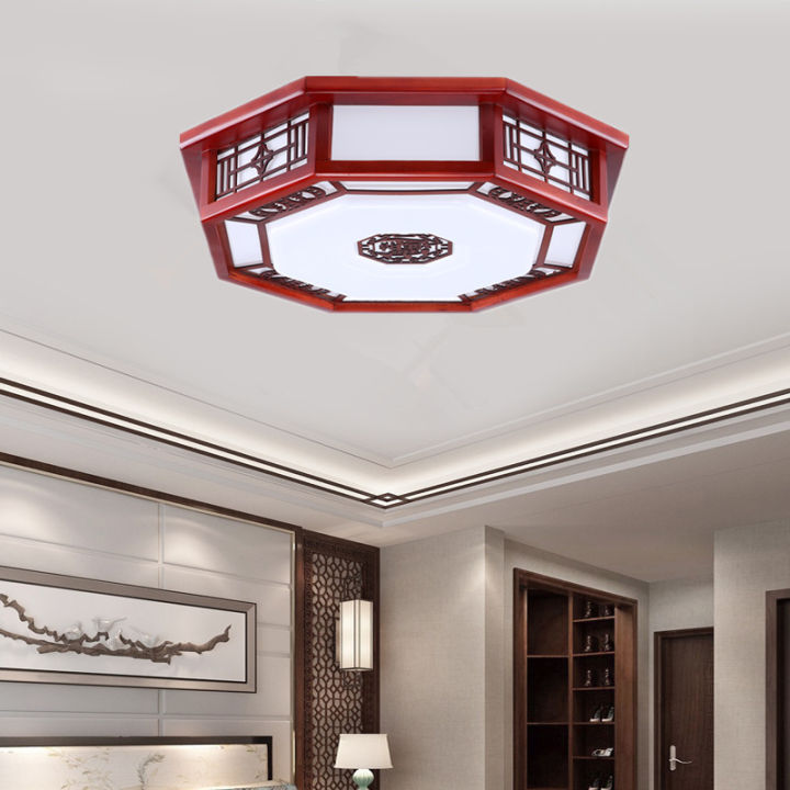 Chinese mahogany living room octagonal lamp led round solid wood ...