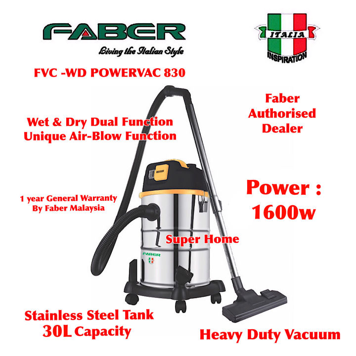 Faber Vacuum FVC-WD POWERVAC 830 Wet & Dry Heavy Duty Vacuum Cleaner 30L Stainless Steel Tank ...