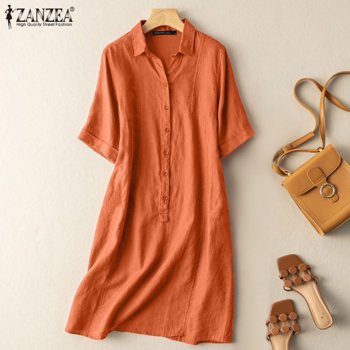 MOMONACO ZANZEA Womens Cotton Linen Short Sleeve Button Down Causal ...