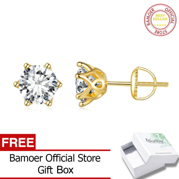 BAMOER Gold Moissanite Stud Earrings 925 Sterling Silver Round Wedding Earrings for Women Basic ...