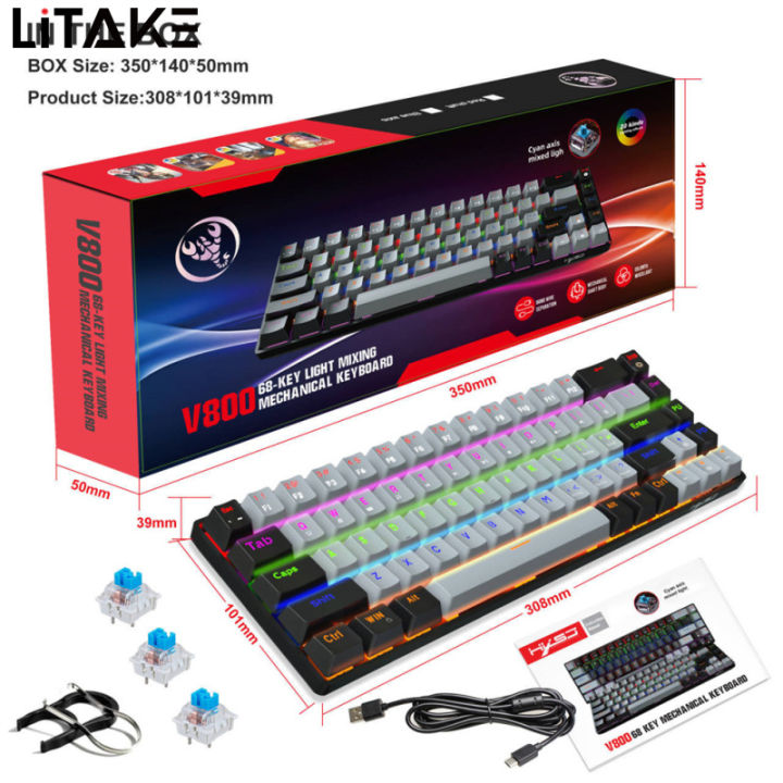 V800 Mechanical Gaming Keyboard LED Backlit Compact 68 Keys Mini Wired ...