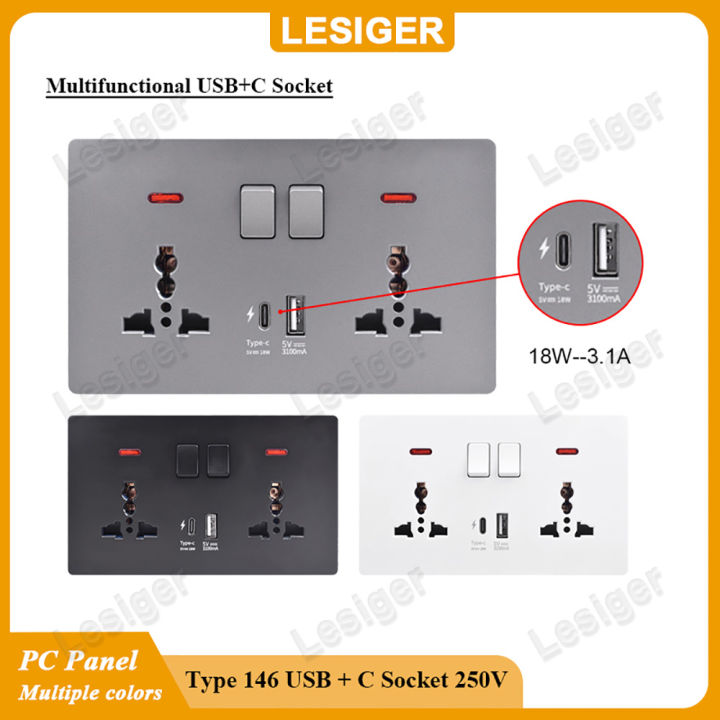 Electrical socket wall mounted with USB and type-c fast charging 18W 3.1A universal outlet ...