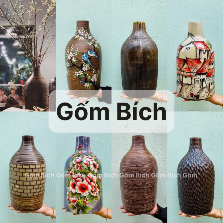 Bình Hoa Gốm Dáng Chai To Cổ Nhỏ Lọ Hoa Cắm Đào Tuyết Mai Đẹp Gốm Sứ ...