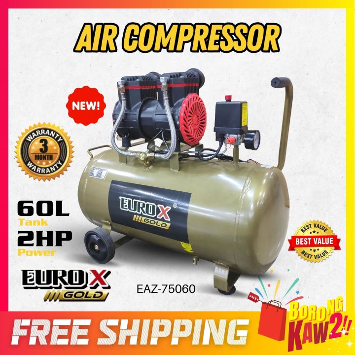 EUROX GOLD 2hp 60l 8 Bar 120L/min Oil Less Air Compressor Mesin Compressor Angin Kompresor Angin ...