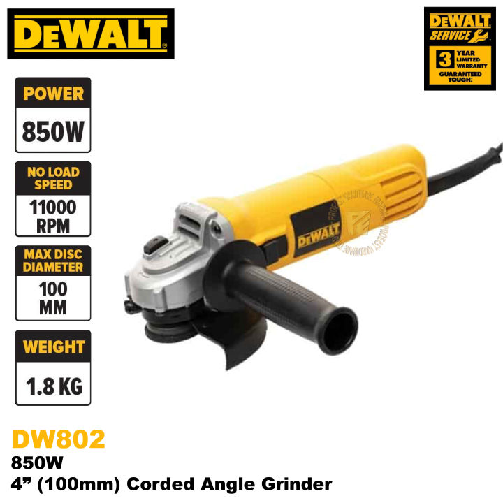 DEWALT DW802 850W 4” (100mm) Corded Angle Grinder (Slider Switch) | Lazada