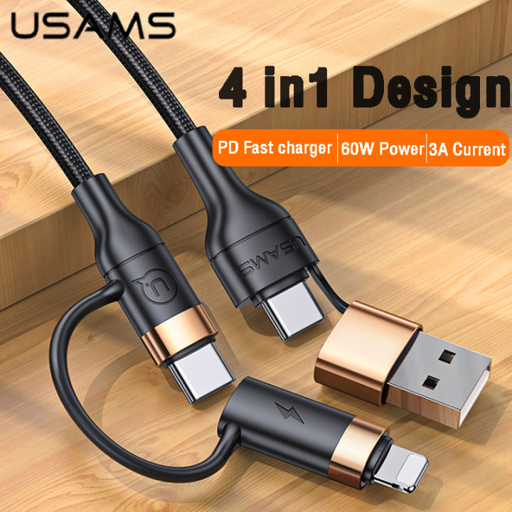 USAMS 60W 4 in 1 Fast Charging Cable USB + Type-C to Type-C + Lightning ...