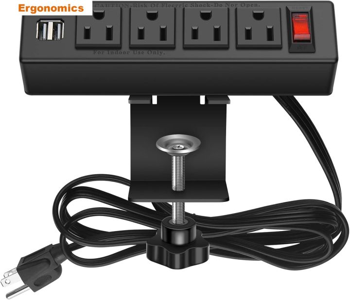 Desk Clamp Power Strip, Desktop Power Outlet Clamp Mount with 2 USB ...