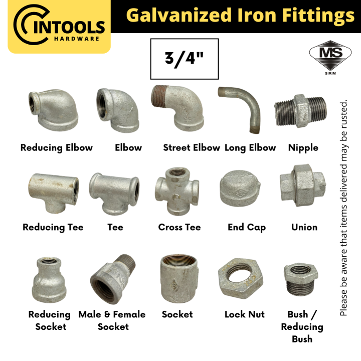 3/4 INCH GALVANIZED IRON GI Pipe Fittings Besi Elbow Socket Tee Nipple ...