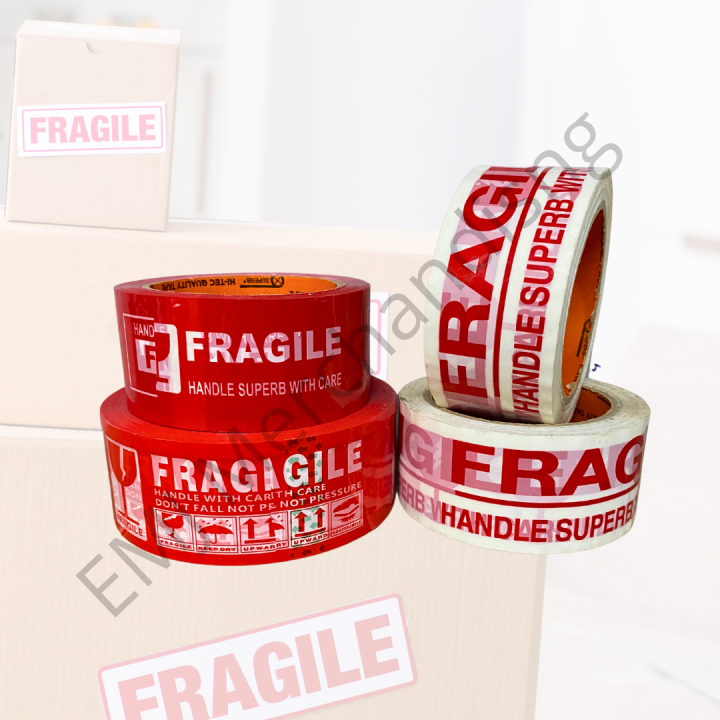 EMJ Fragile Tape Red White Packaging 2 inchX100mtr and 200mtr Packing ...