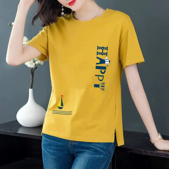 [ Yookey ] เสื้อยืดแขนสั้นพิมพ์ลายผ้าฝ้ายสไตล์เกาหลี-ทรงหลวมแยกชายเสื้อ ...