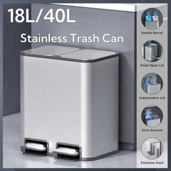 18/40L stainless Kitchen waste segregation recycle trash bin with cover ...