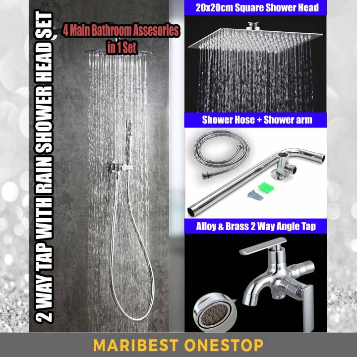 2 Way Bib Tap With Rain Shower Head SET Stainless Steel Wall Mounted ...