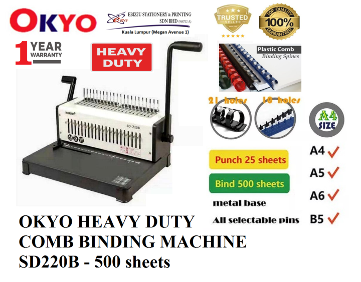 OKYO HEAVY DUTY COMB BINDING MACHINE SD220B - 500 sheets FULL METAL ...
