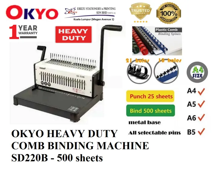 OKYO HEAVY DUTY COMB BINDING MACHINE SD220B - 500 sheets FULL METAL ...
