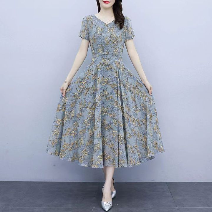 FANMU dress biru chiffon elegan/long dress floral casual dress | Lazada ...