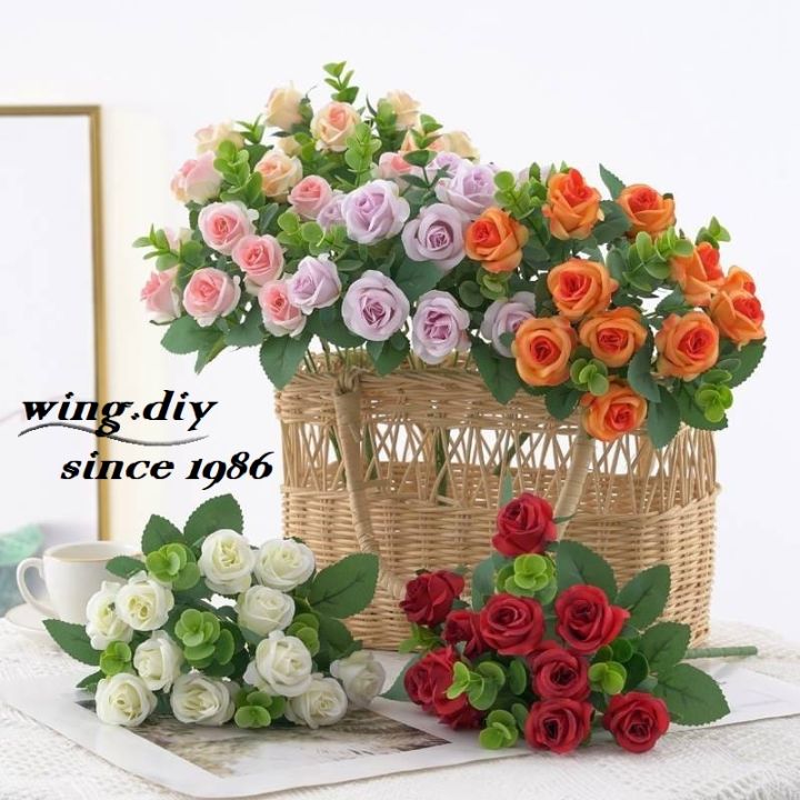 ARTIFICIAL MINI ROSE FLOWER WITH ROSE LEAF AND EUCALYPTUS LEAF ...