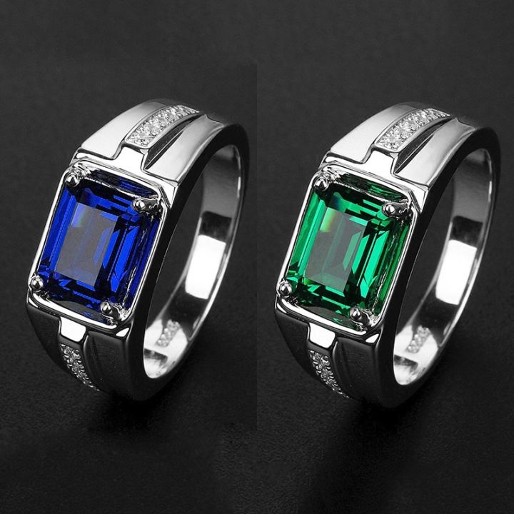 Punk Men Ring Silver Titanium Steel Blue Green Zircon Crystal Wedding ...