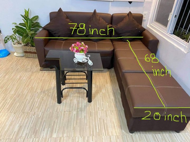 sala set L shape brown leather sofa with glass table uratex foam cod ...