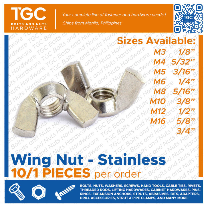 TGC 10PCS SS Wing Nut M3 - M16 , 3/16 - 5/8 inches Butterfly Nut Stainless / Thumb Nut SUS ...