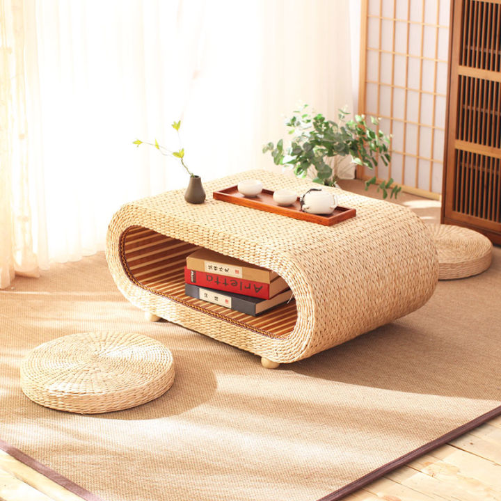 Straw-woven bay window table small coffee table Japanese oval solid ...