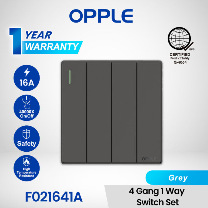 OPPLE Safety Wall Switch 4 Gang 1 Way Push On/Off Fireproof Silver Grey ...