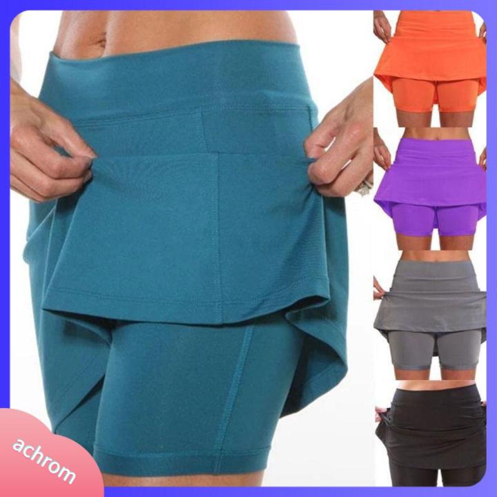 ACHROM ฟิตเนส กางเกงขาสั้นกระโปรงกีฬา เอวสูงเอว ลำลองแบบสบายๆ กางเกงสล ...