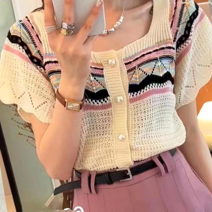 mimi&didi.เสื้อไหมพรม เสื้อยืดผู้หญิง ฤดูร้อนแขนสั้นเสื้อยืดผู้หญิงคอสี่เหลี่ยมเก๋ไก๋ด้านบน ...