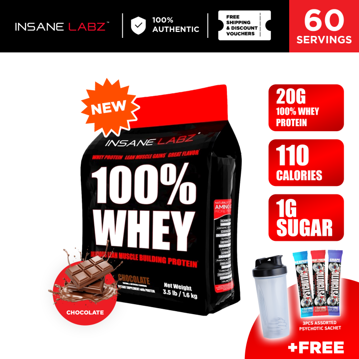 Insane Labz 100% Whey 60 Servings w/ FREE SHAKER & FREE 3PCS ASSORTED ...