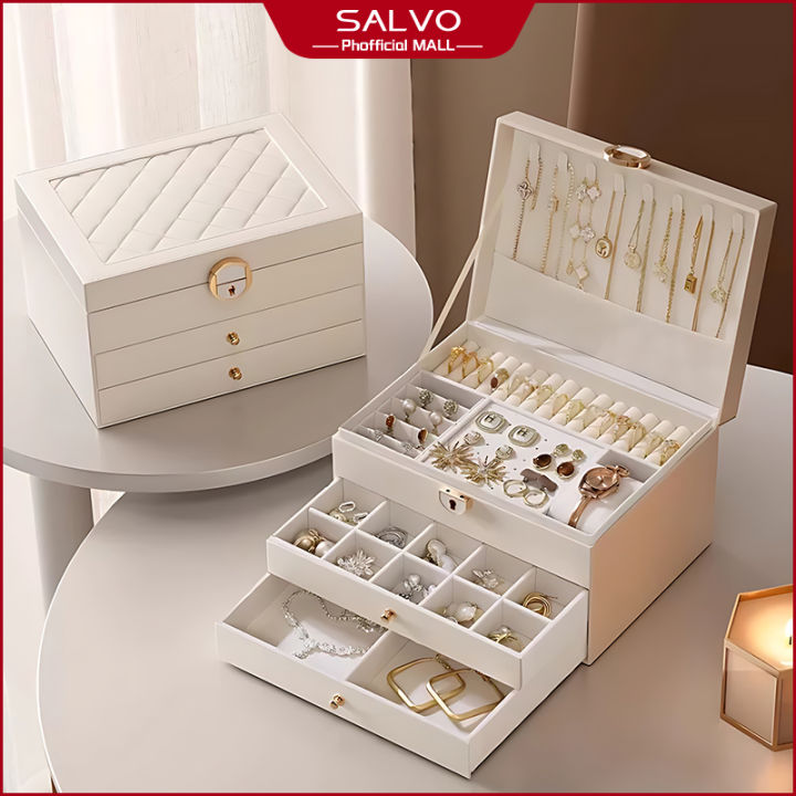 SALVO Jewelry Box Organizer Mutifunction PU Leather double deck Storage ...
