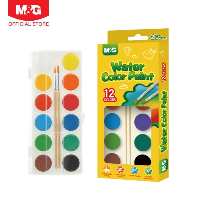 M&G Watercolor Paint Set - 12 Colors Paint Cake Free 2 Brushes on Pack ...