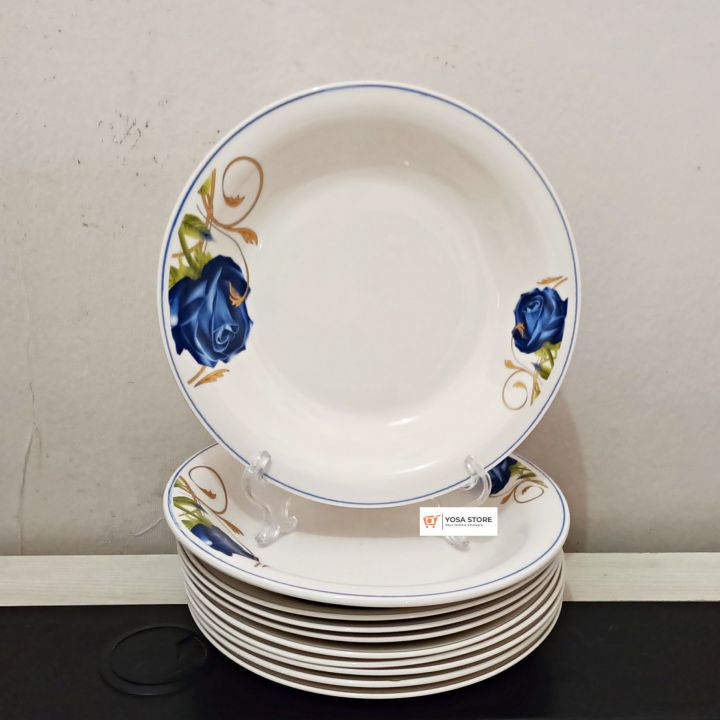 Piring Makan Keramik Cekung Mawar Biru 23cm - 12 Pc Merk HW | Lazada ...