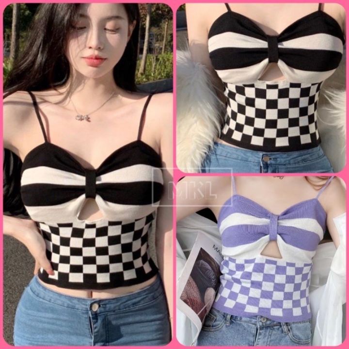 [ส่งเร็ว] kay kai_Shop พรอมส่ง🚚เสื้อสายเดี่ยวลายตารางประดับโบว์ด้านหน้า เข้ารูป สำหรับผู้หญิงมี4 ...