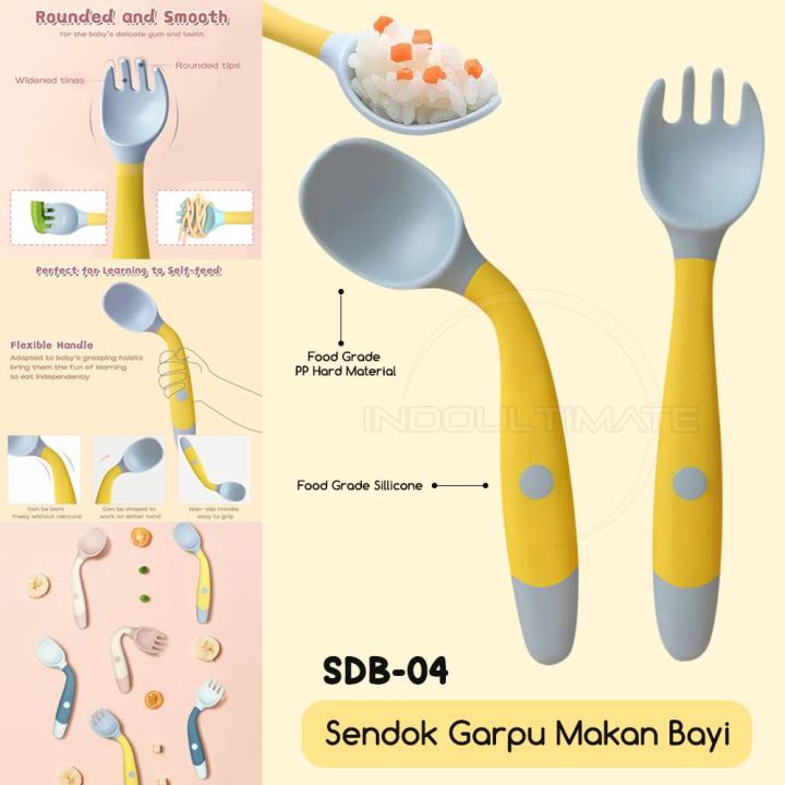 2in1 SET Sendok + Garpu Silikon Makan Anak Bayi Balita Lentur Bisa ...