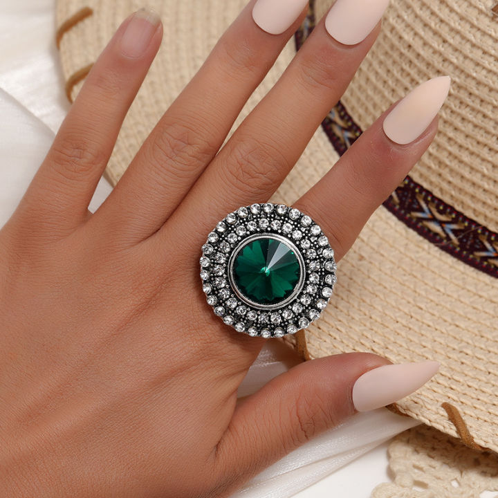 Vintage Green Color Ring for Women Big Round Rings Female Party Rings ...