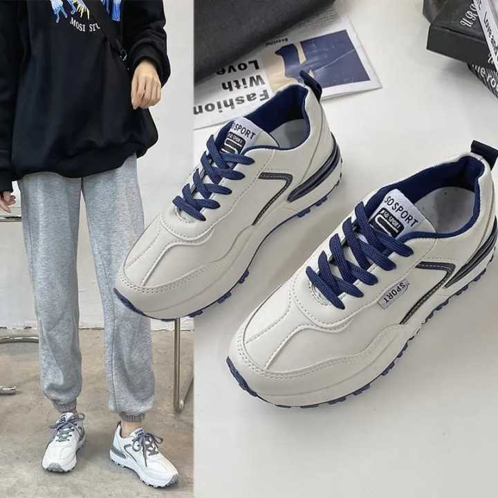 MSA Sneakers Wanita Sporty Lace-Up Kulit Matte Polos Putih Pucat/Abu ...