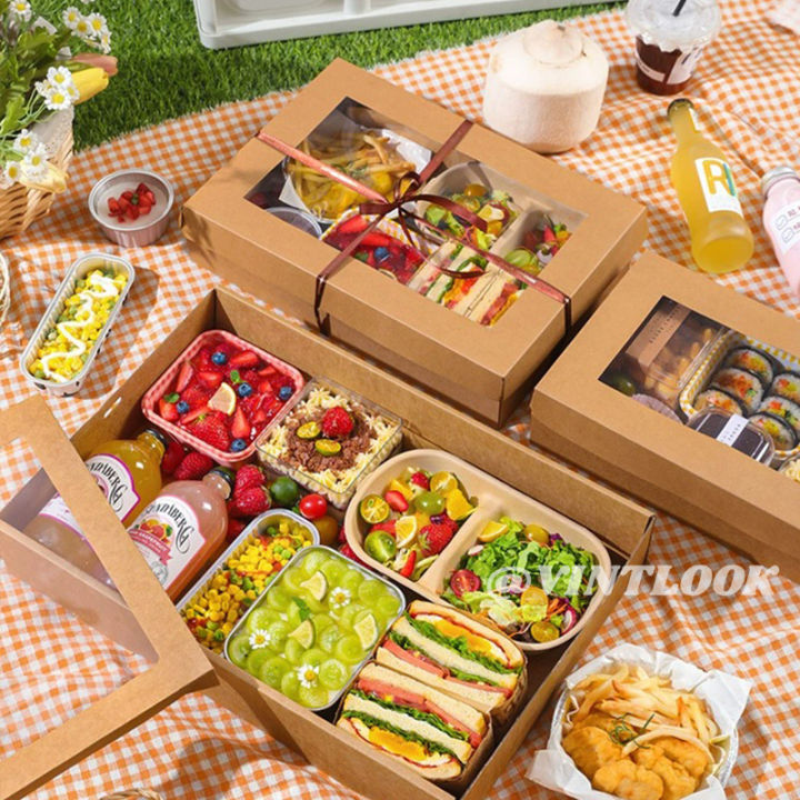 VINTLOOK Outdoor Picnic Box Disposable Kraft Paper Lunch Box Fruit ...